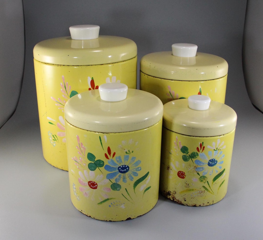 Vintage Set of 4 Ransburg Kitchen Canisters With Hand Painted Floral ...