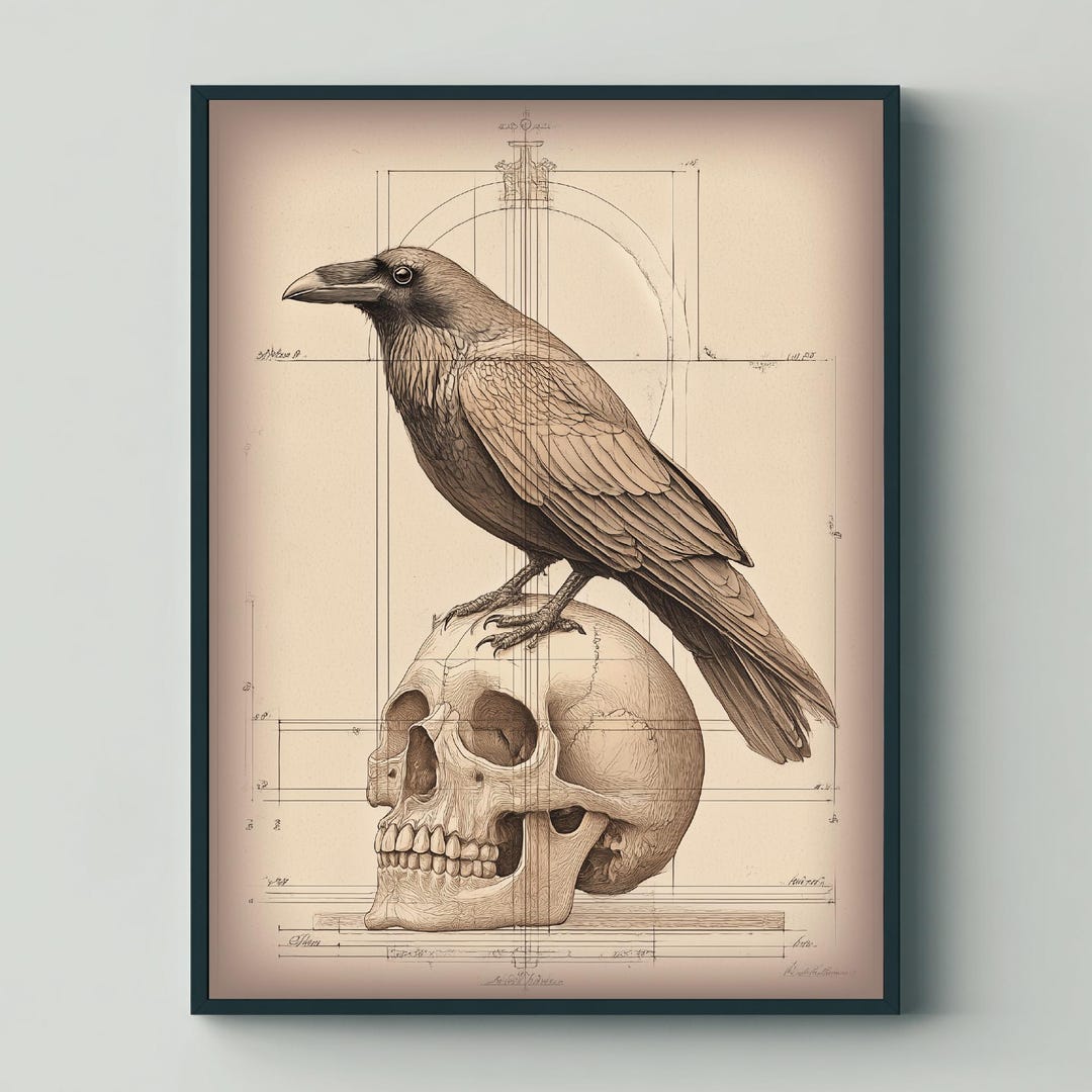 Medieval Technical Drawing: Raven | Vintage Gothic Sketch | Da Vinci ...