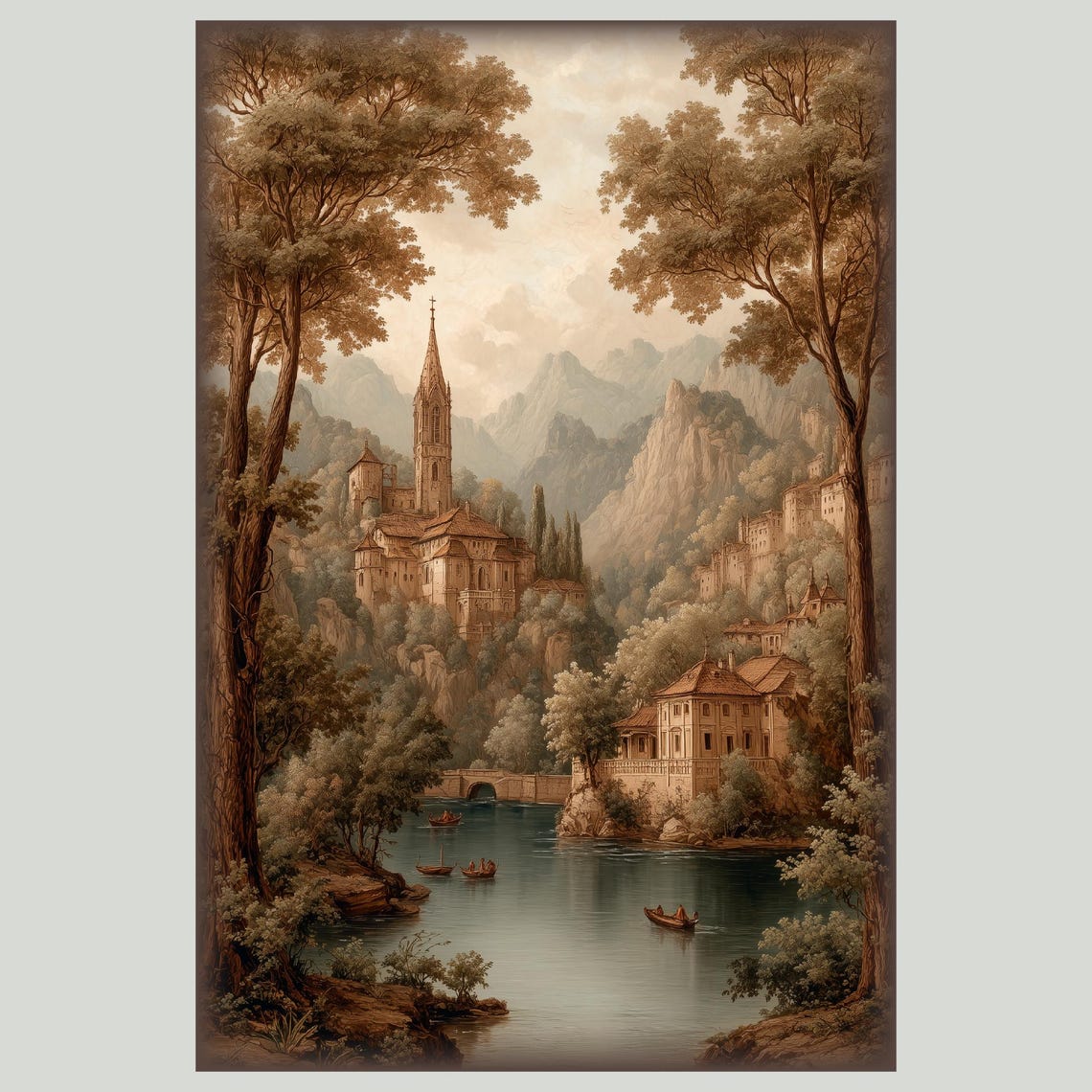 Medieval Castle Landscape Print #1 | Mountain Lake City Wall Art | Old ...