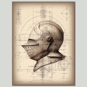 Medieval Technical Drawing: Helmet | Vintage Gothic Sketch | Da Vinci ...