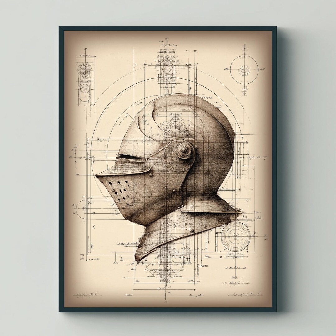 Medieval Technical Drawing: Helmet | Vintage Gothic Sketch | Da Vinci ...
