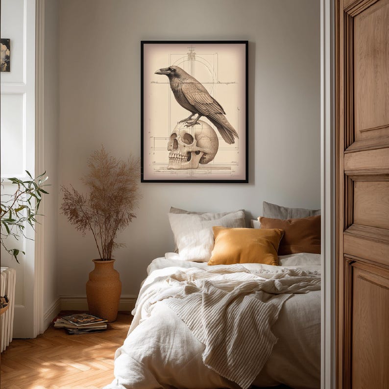 Medieval Technical Drawing: Raven | Vintage Gothic Sketch | Da Vinci ...