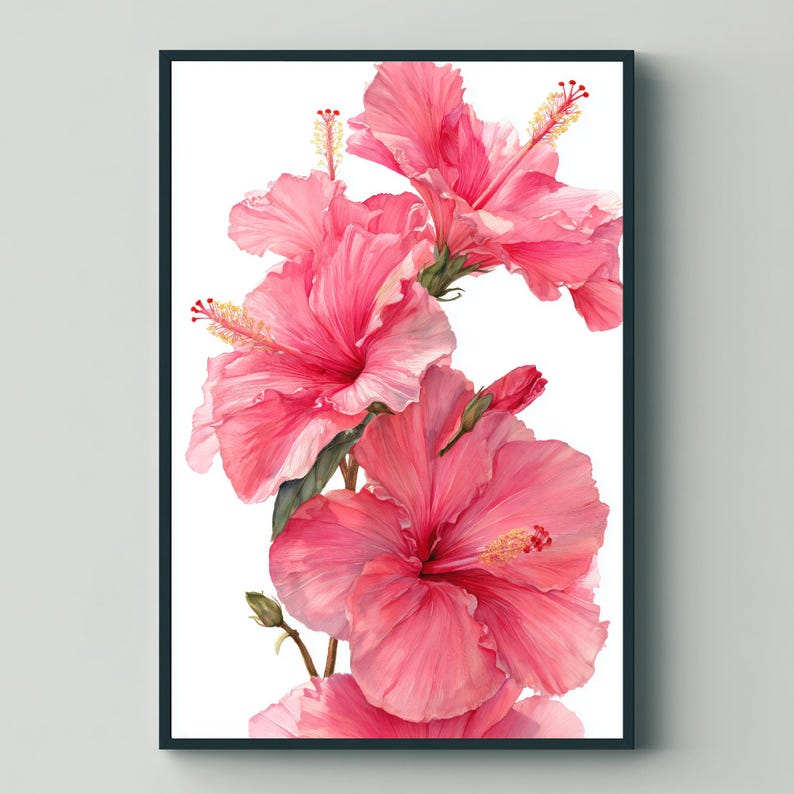 Hibiscus Poster | Watercolor Floral Art | Pink Hibiscus Flowers ...