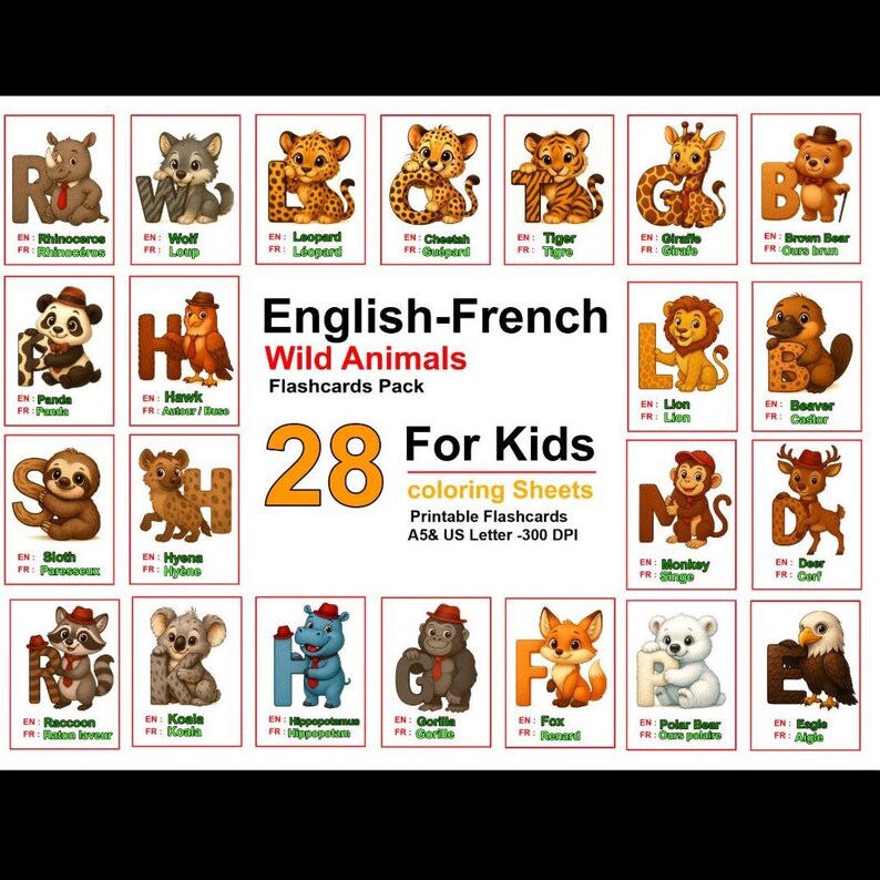 Alphabet Coloring Pages: Wild Animals - English and French Flashcards ...