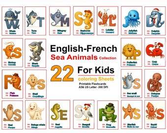 22 Bilingual Sea Animal Flashcards (english–french) | Ocean Alphabet ...