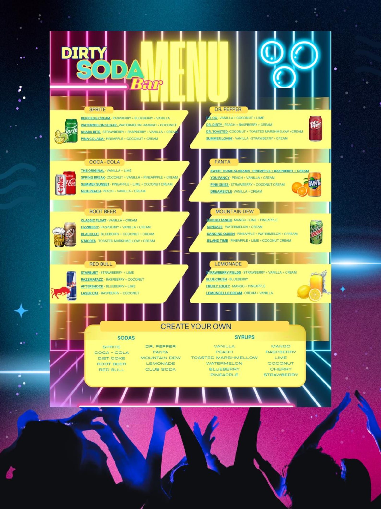 Neon Dirty Soda Menu - (printable Editable Template) - Etsy