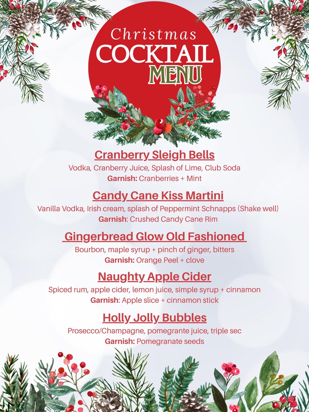 Holly Christmas Cocktail Menu (digital Download & Editable Template) - Etsy