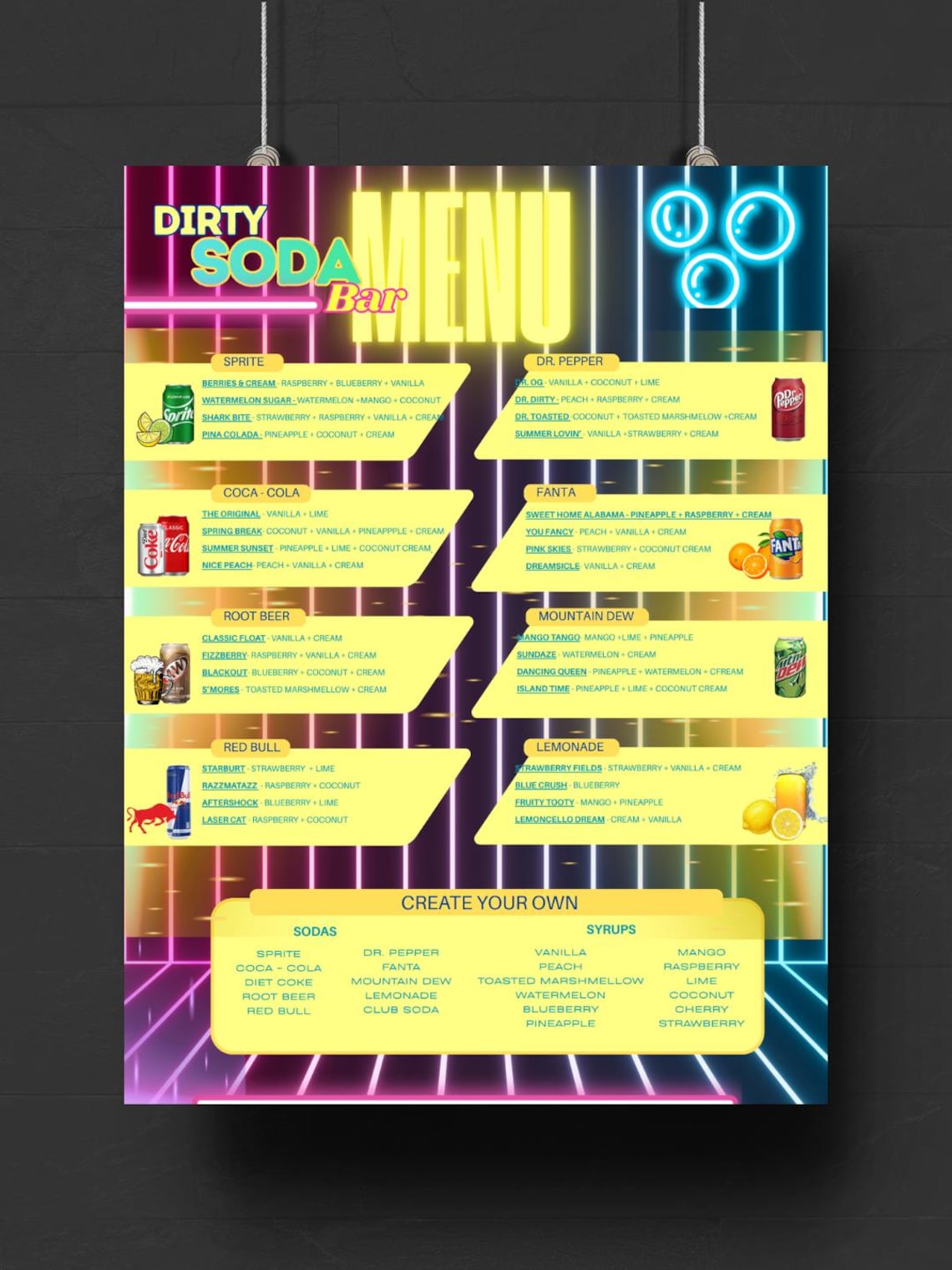 Neon Dirty Soda Menu - (printable Editable Template) - Etsy