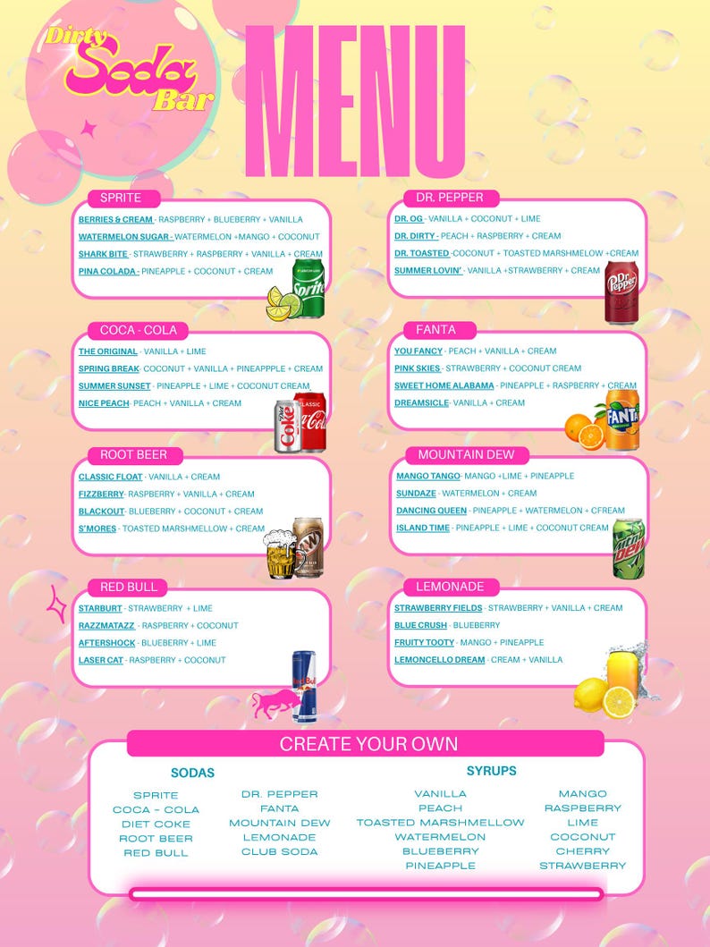 Dirty Soda Bar Menu – Mocktail Party Sign (printable PDF) - Etsy