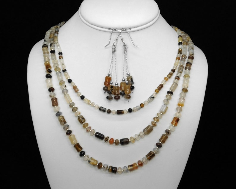 Montana-yellowstone Agate Three-strand Necklace and Earrings, Sterling ...