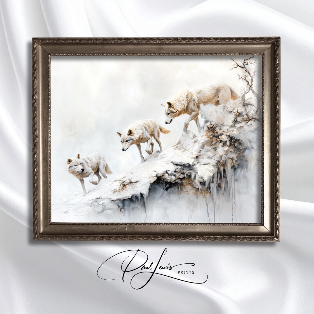 Printable Wolves in Winter Landscape - Serene Mountain Wall Art, Soft ...