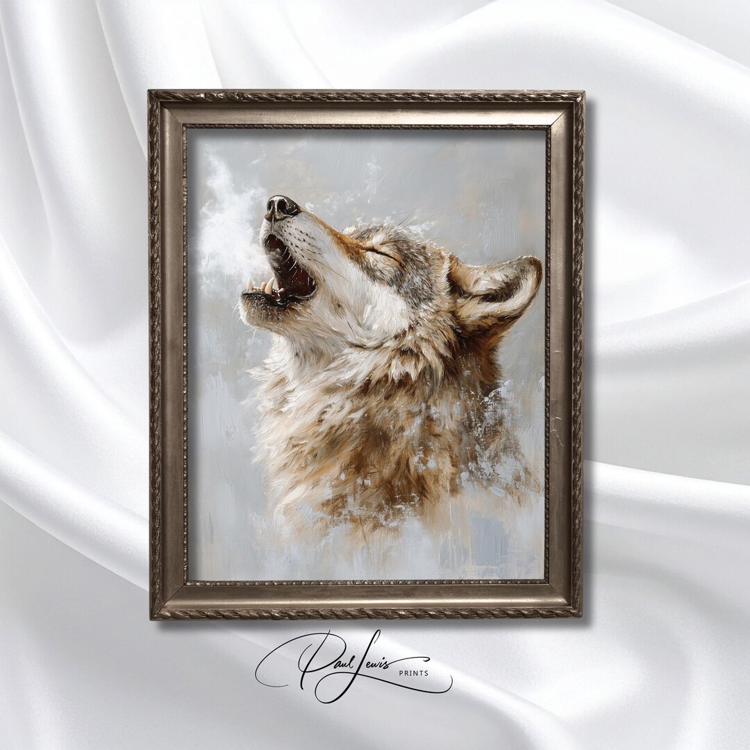 Moody Wolf Howl Wall Art Printable - Rustic Winter Wildlife Painting ...