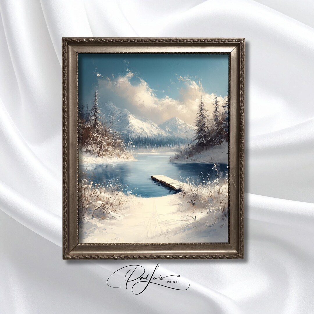 Frozen Mountain Lake Scene - Serene Winter Landscape, Cozy Rustic ...