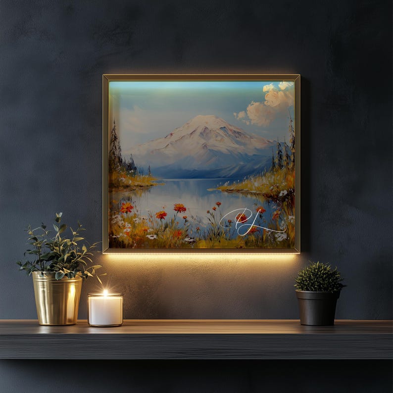 Printable Mount Rainier Oil Painting - Serene Reflection, Rustic ...