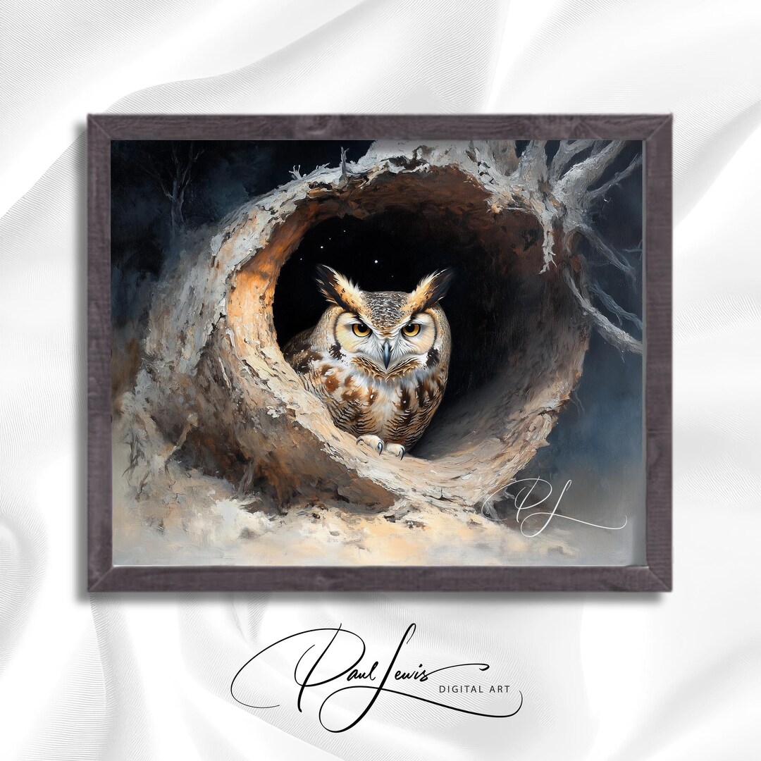 Great Horned Owl Oil Painting - Moody Rustic Wildlife Art, Cozy ...