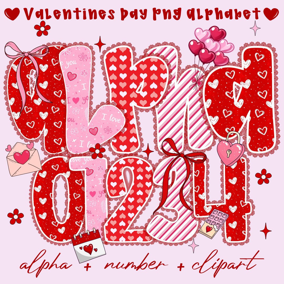 Valentines Day Alphabet PNG Bundle With Numbers and Cute Clipart Hearts ...