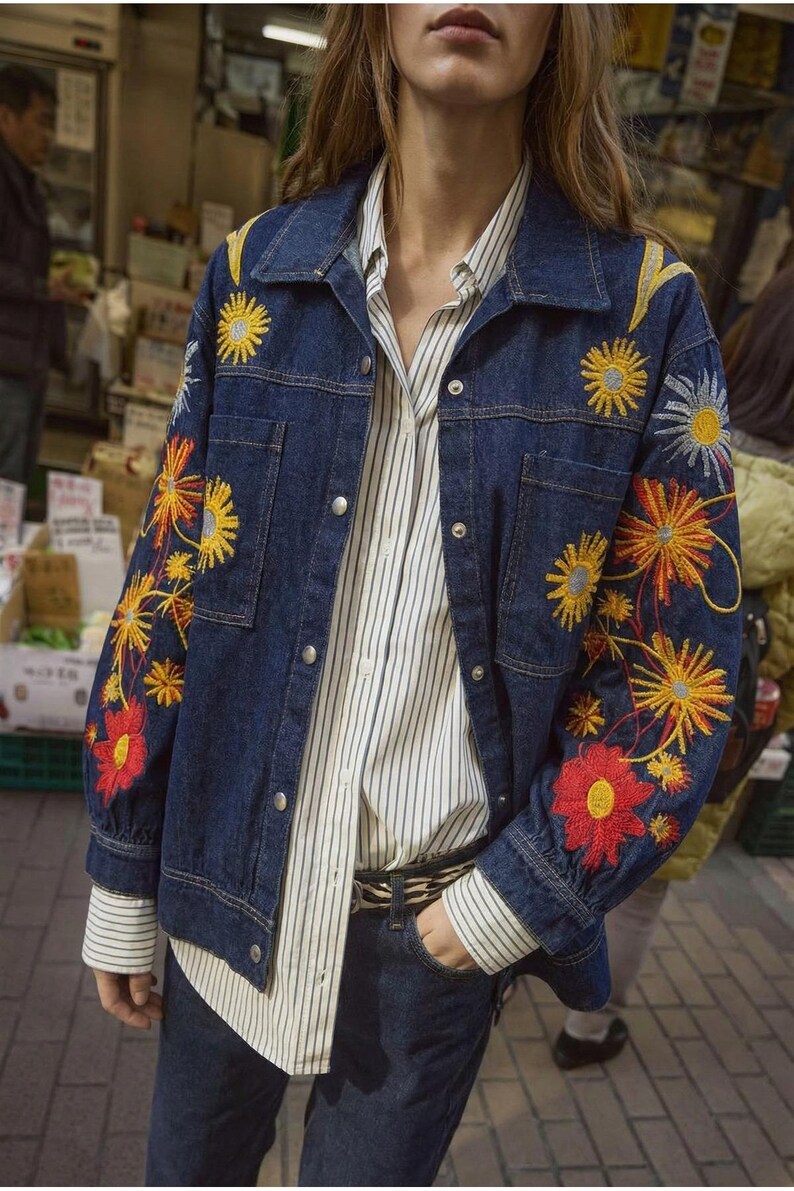 Floral Embroidered Denim Jacket | Boho Flower Jean Coat - Etsy