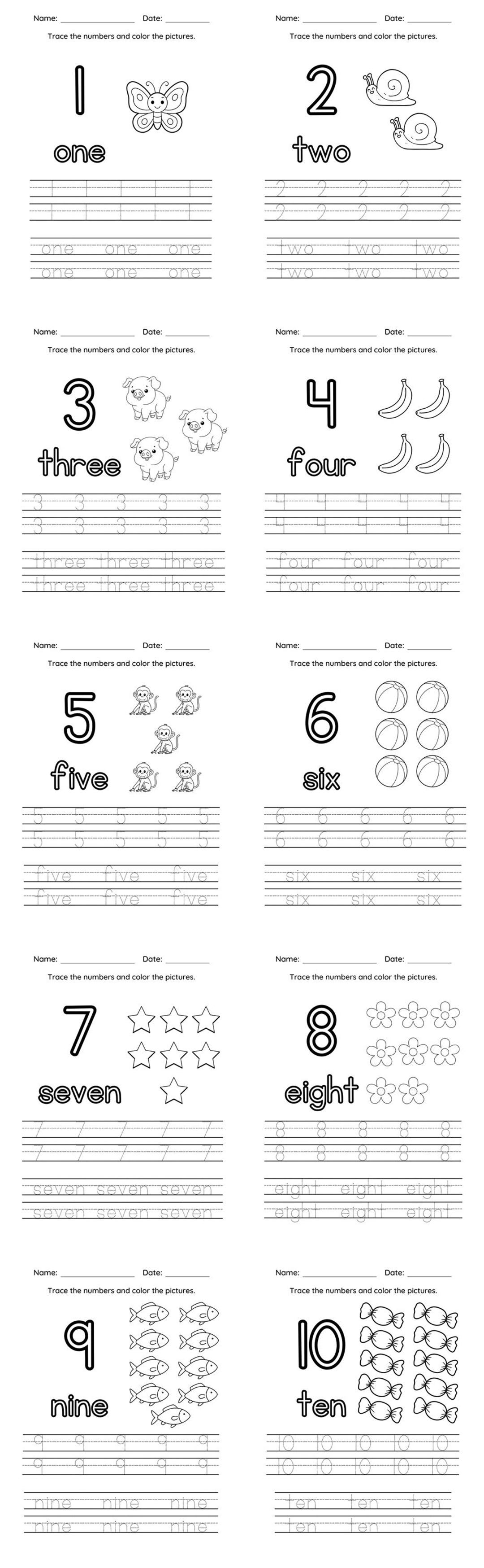 Number Tracing Worksheet (1-10) - Etsy