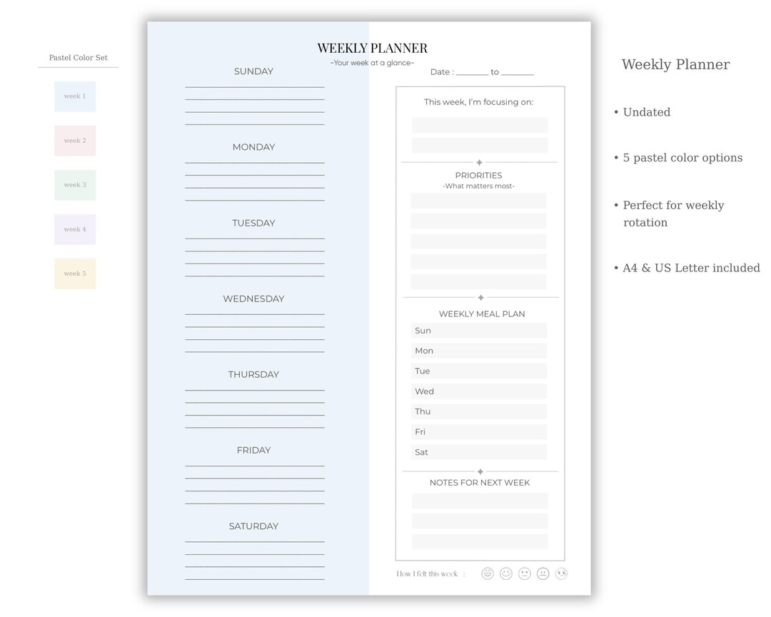 Weekly Planner Printable | Undated Weekly Schedule | A4 US Letter - Etsy