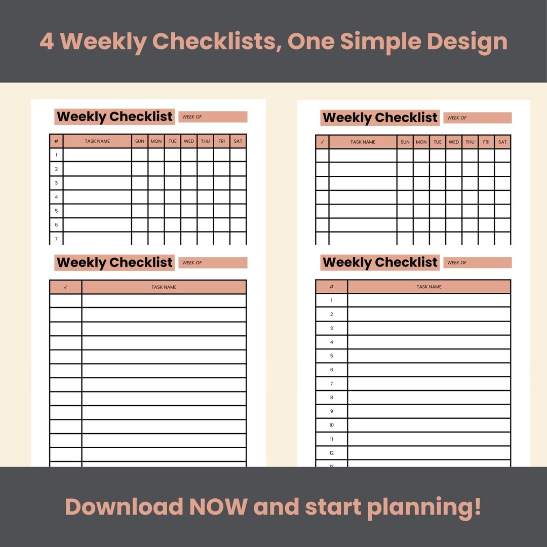 4 Weekly Checklists PDF Printable: Editable Minimalist To-do List US ...