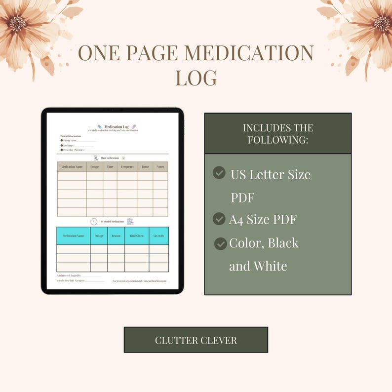 Printable Medication Log Daily Medicine Tracker Health Record Keeping ...