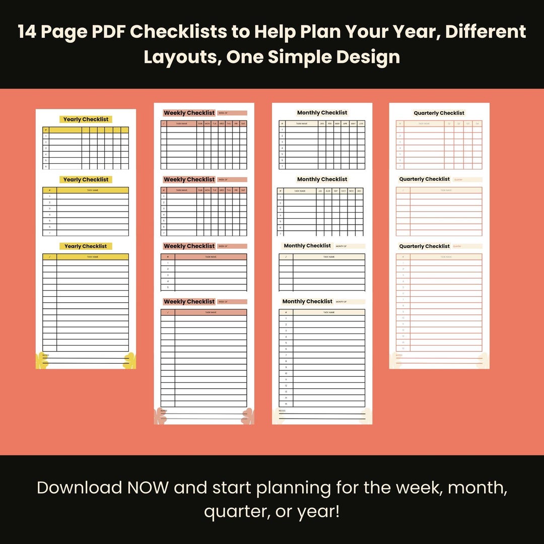 Minimalist Checklist Planner Weekly Monthly Yearly to Do Lists PDF ...