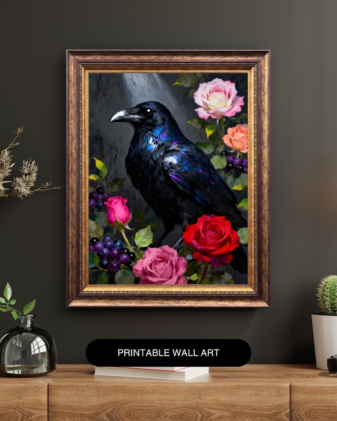 Gothic Wall Art – Raven With Roses Dark Floral Print | Witchy Decor ...