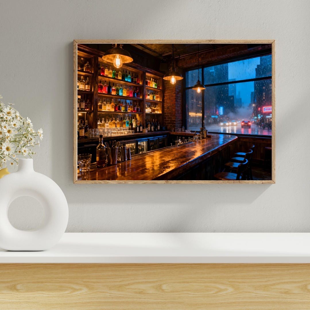 Cyberpunk Neon Bar Wall Art – Futuristic Rainy City Poster With ...