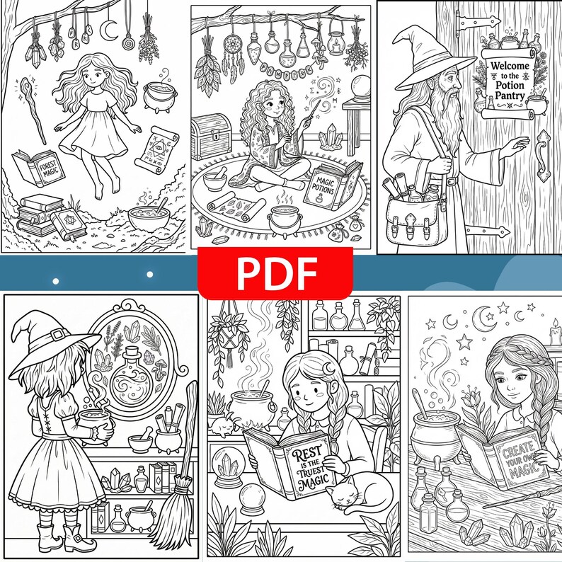 Witches and Magicians Coloring Pages: Cozy Forest and Potions (PDF ...