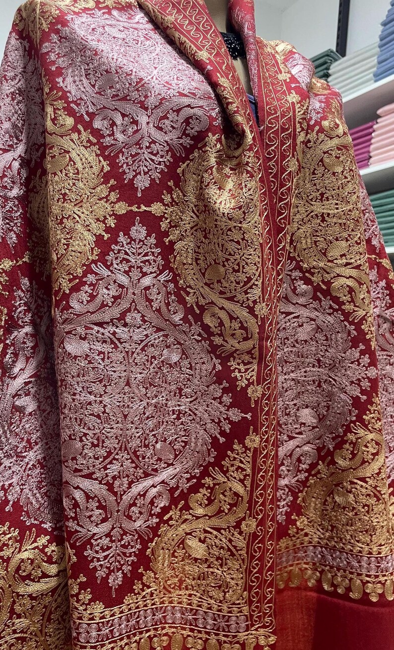 Luxury Red Cashmere Shawl With Gold Embroidery – Handwoven Elegant ...