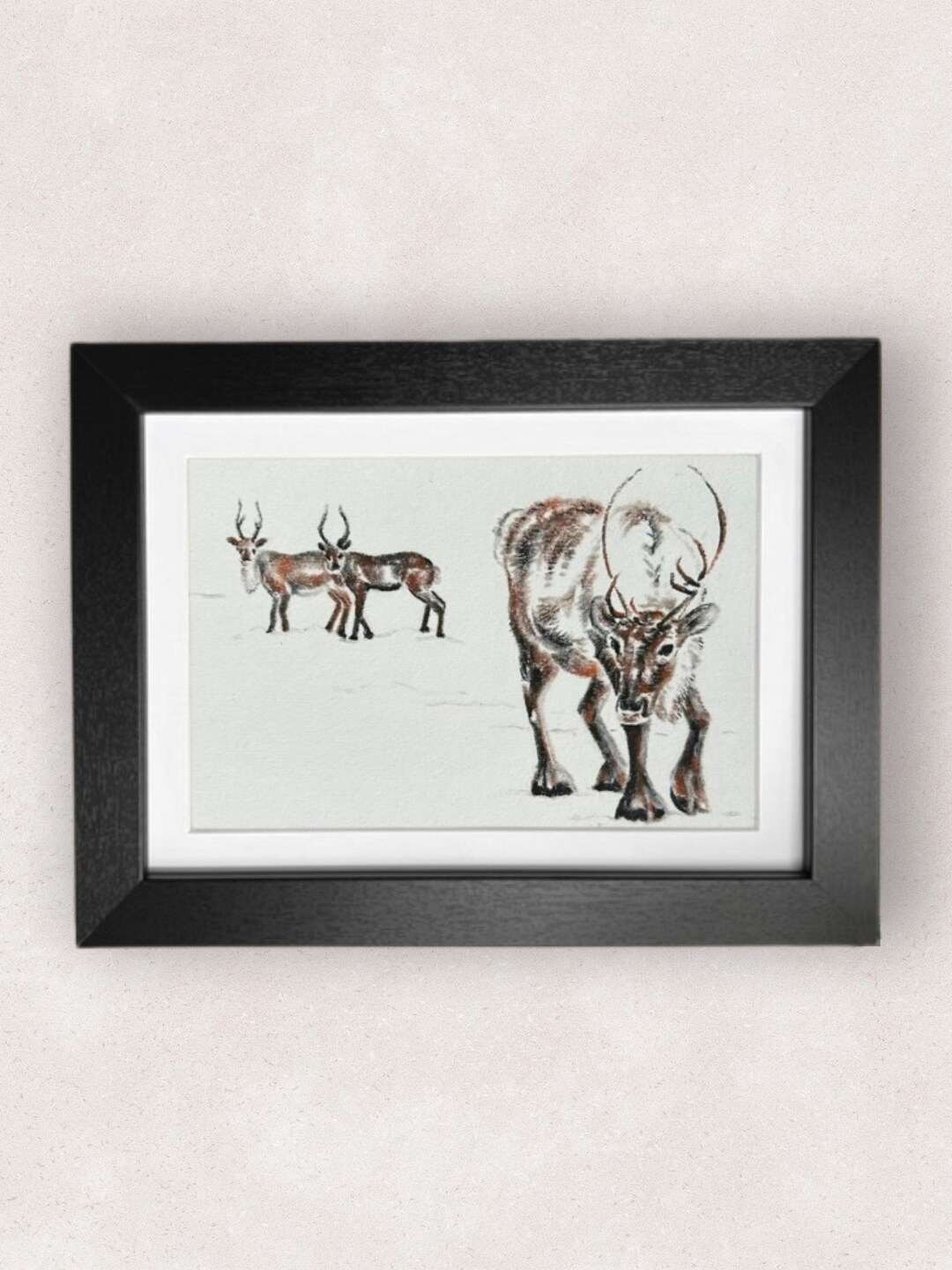 Reindeer in Snow - Original Drawing - 4x6 Inch - Etsy