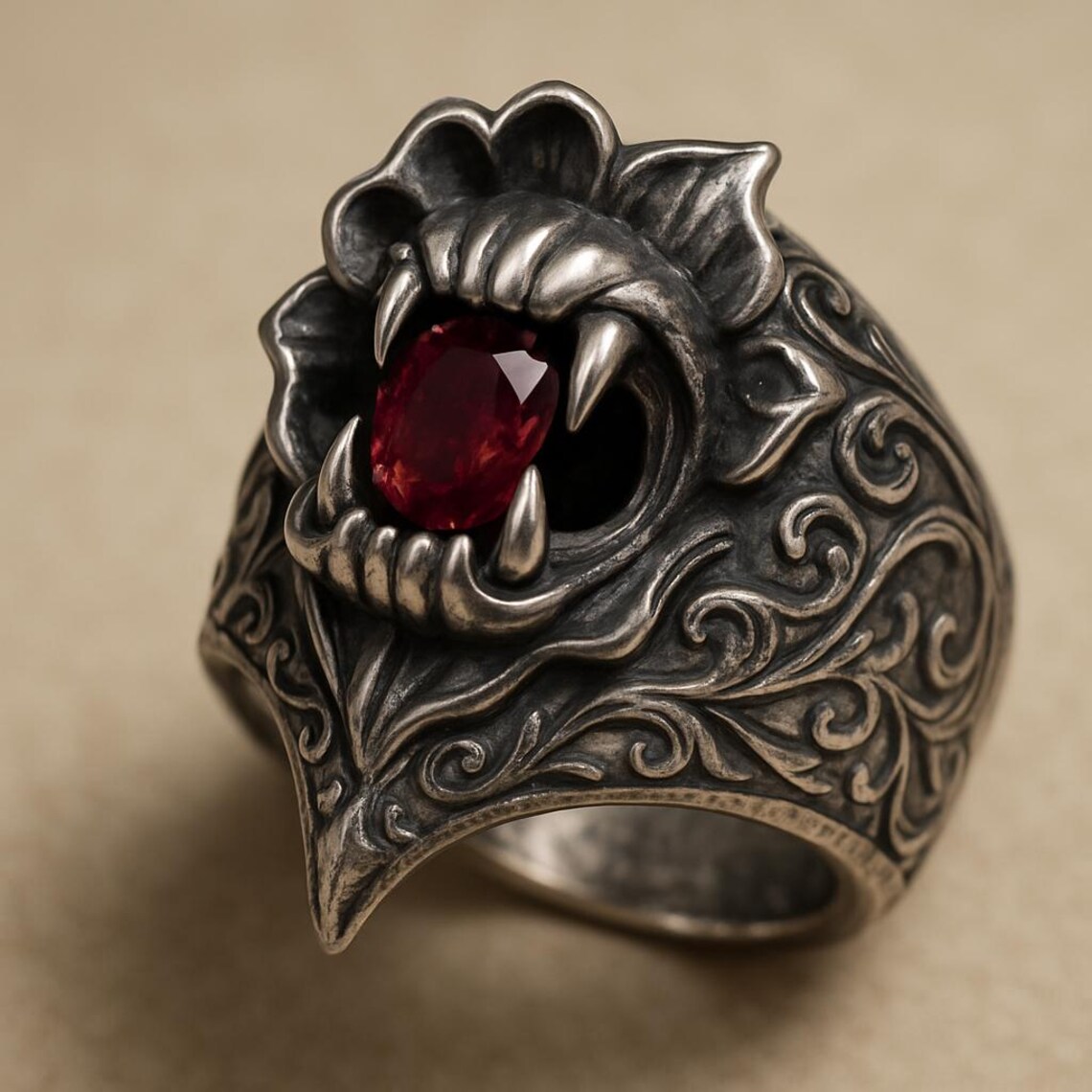 925 Sterling Silver Gothic Claw Ring With Red CZ – Floral Engraved ...