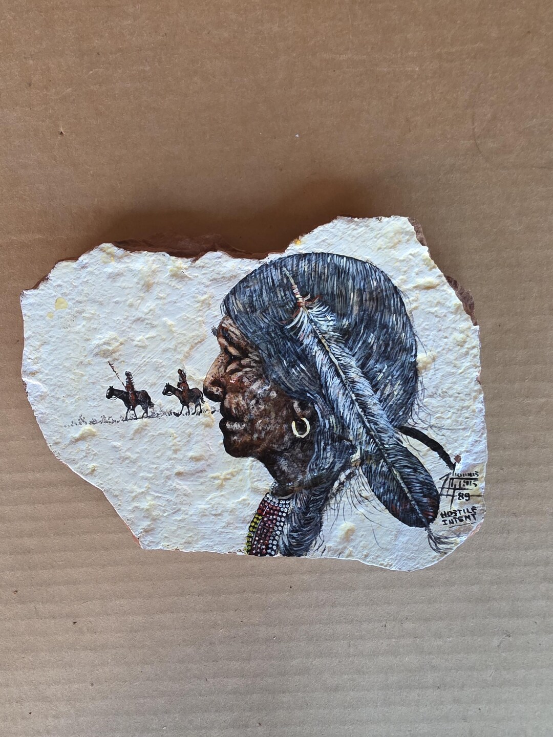 1989 Signed Native American Thomas Mills "hostile Intent" Shale Rock ...