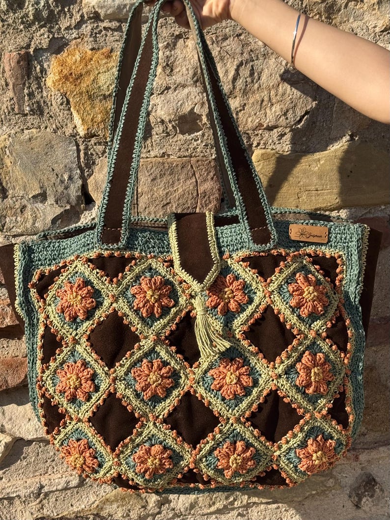 Suede Crochet Tote, Granny Square Bag, Mother's Day Purse, Summer Large ...