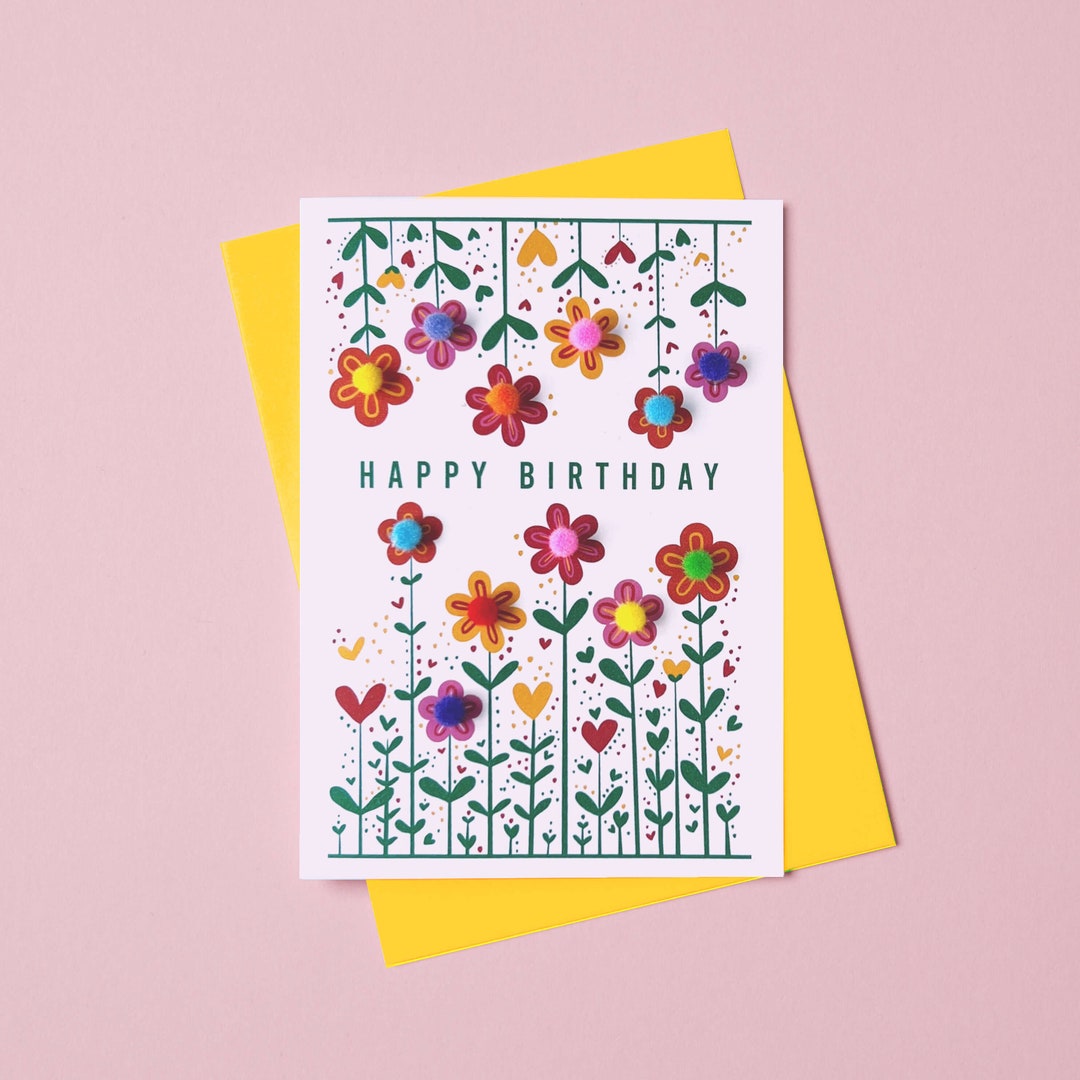 Handmade Pom Pom Birthday Card, Card for Mum With Flowers, Pom Pom Card ...