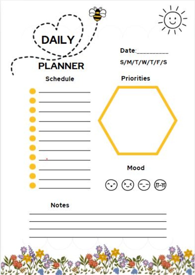 Bee Daily Planner Printable, Honeycomb Design, Mood Tracker, Digital ...