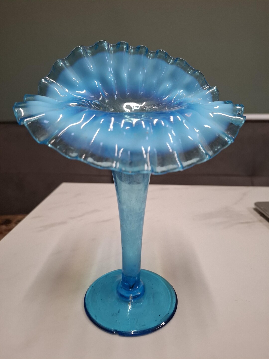 Antique Blue Vaseline Ruffle Edge Glass Vase - Etsy