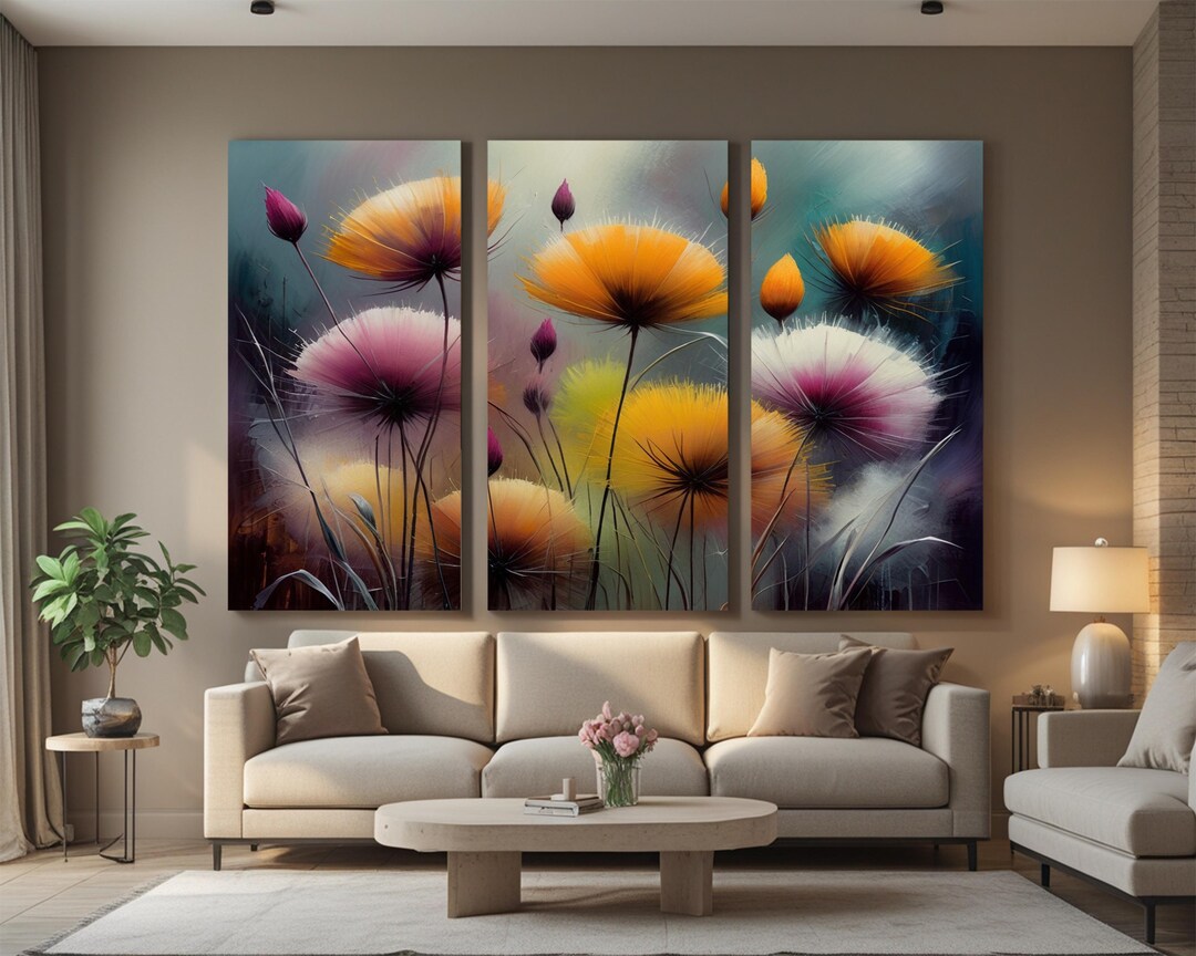 Colorful Floral Triptych Wall Art – Abstract Dandelion Style Flowers ...