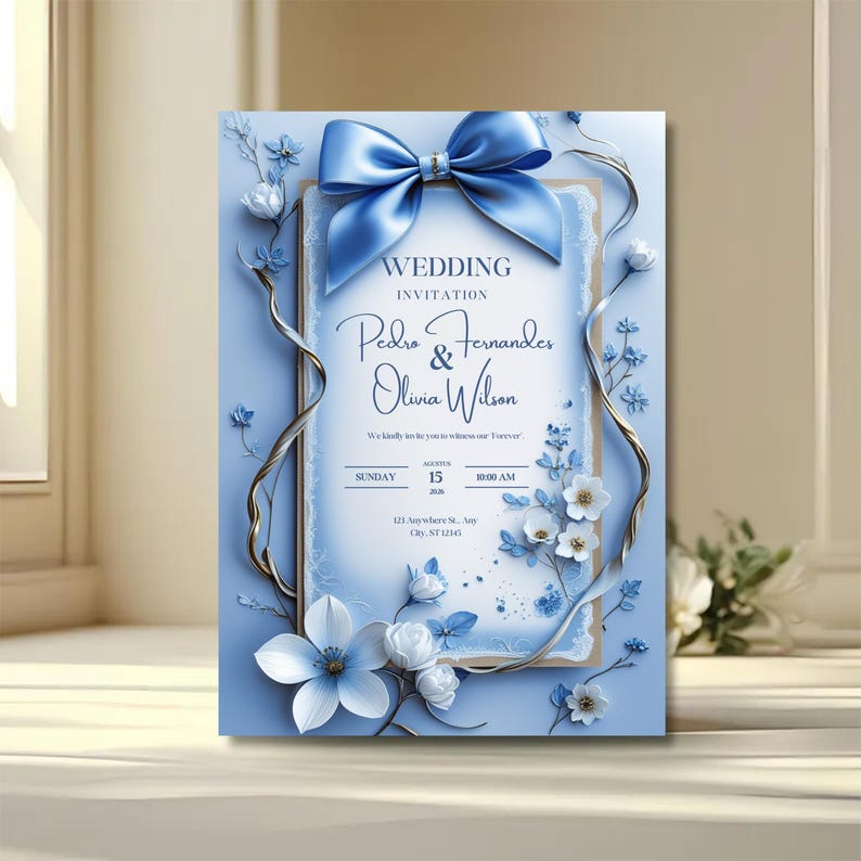 Wedding Invitation Template Blue Satin Ribbon , Luxury Floral ...