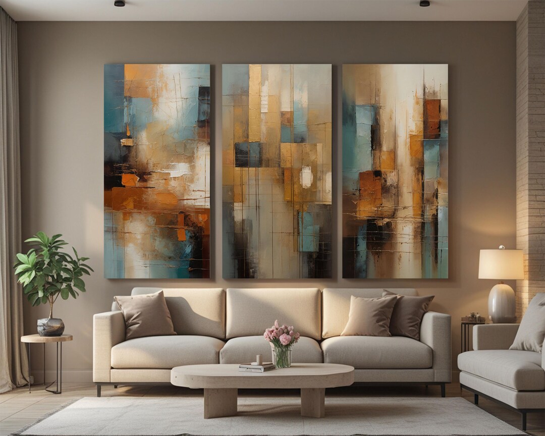 Teal Orange Abstract Triptych Wall Art – Luxury Textured Modern ...