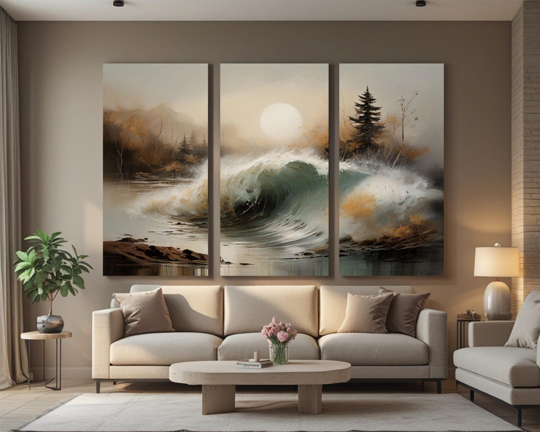 Ocean Wave Landscape Triptych Wall Art – Modern Coastal Sunrise Decor ...
