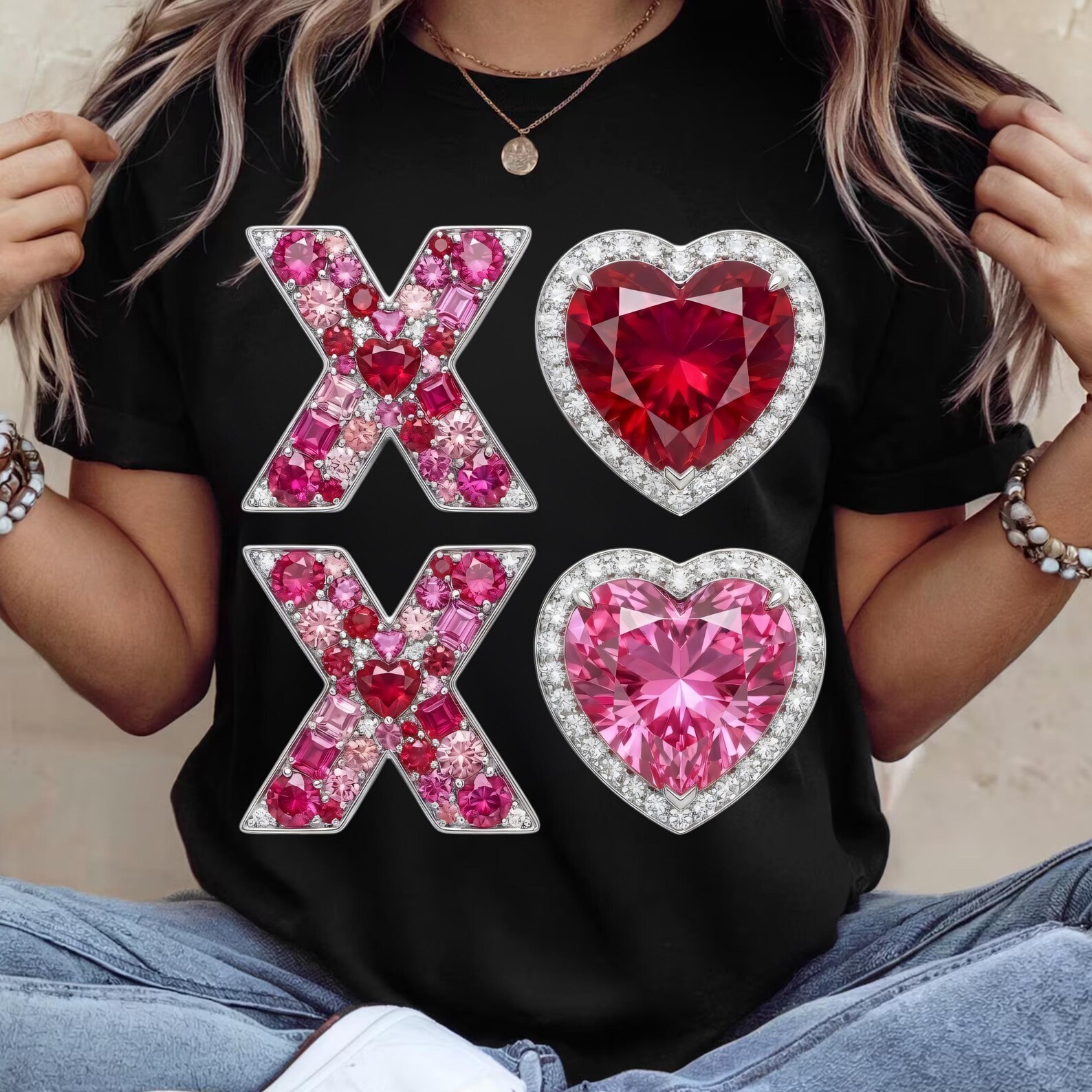 Diamond Gemstone XOXO Valentine PNG, Red Ruby & Pink Heart Jewelry ...