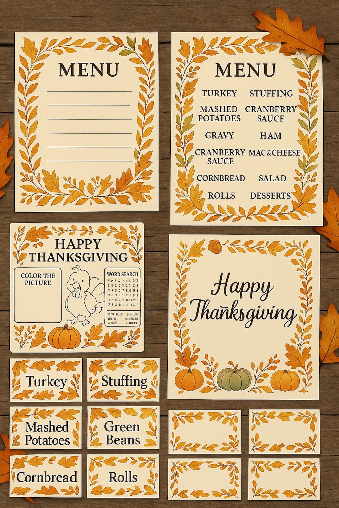 Thanksgiving Printable Bundle, Menu, Placemat, Buffet Labels (digital ...