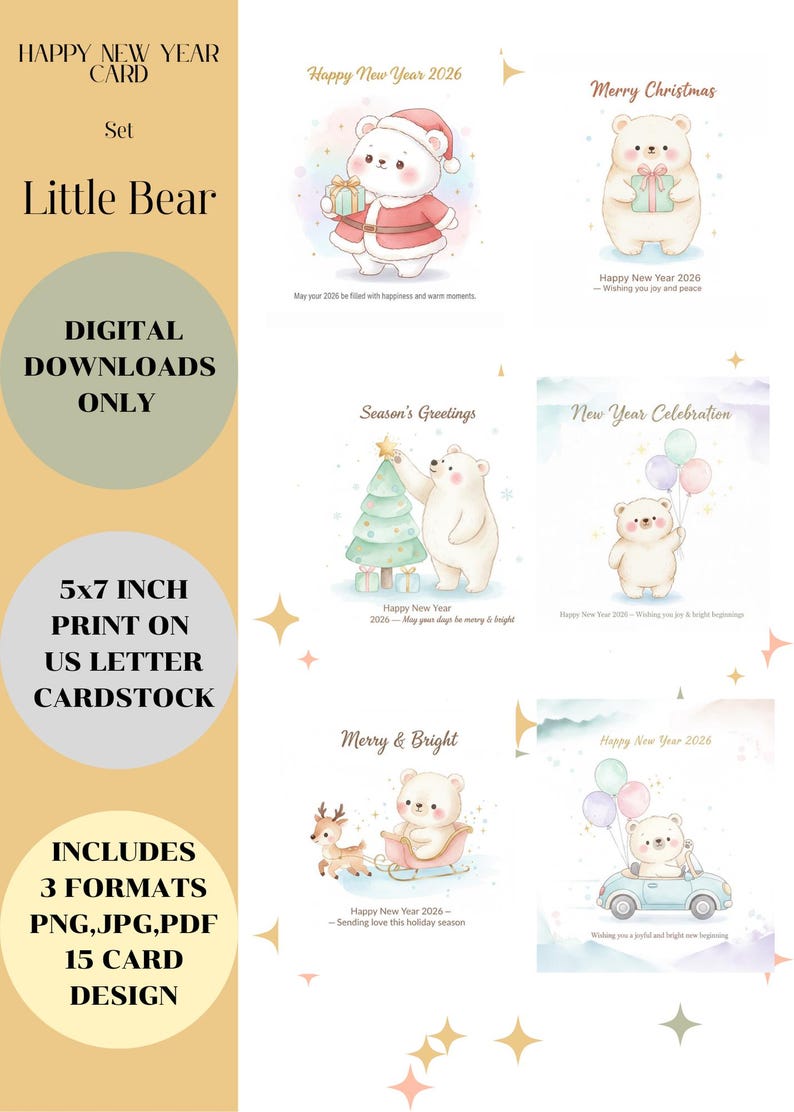 Little Bear New Year Cards 2026 | Pastel Holiday Card Set (digital ...