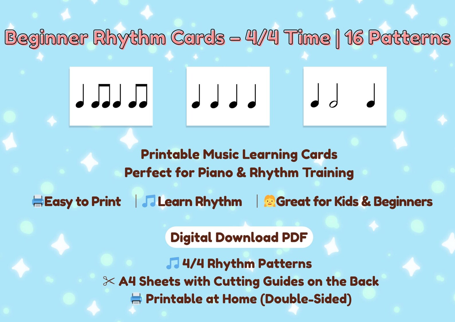 4/4 Rhythm Cards | Printable Music Cards for Kids & Beginners | Piano ...