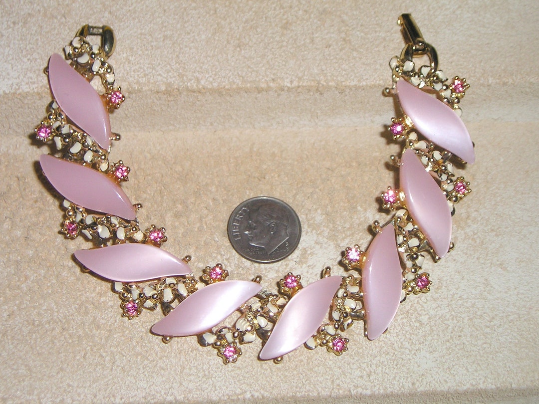 Vintage Pink Moon Glow Lucite Rhinestone and Enamel Bracelet. Posh ...