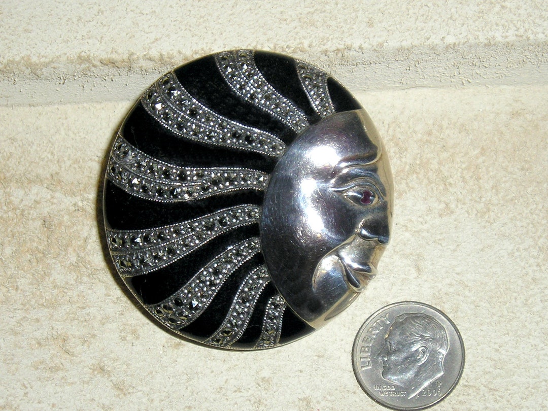 Signed Vintage Sterling Moon or Sun Face Brooch Pin With Little Pink ...