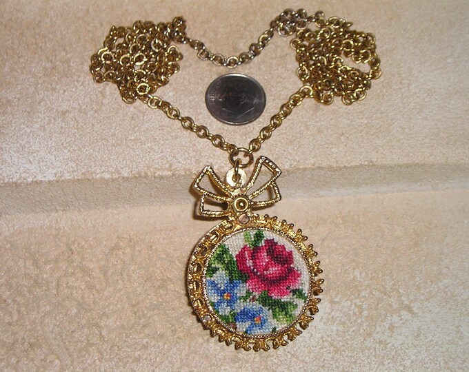 Vintage Petite Point Rose Embroidery Magnifier Pendant Necklace 1960's ...