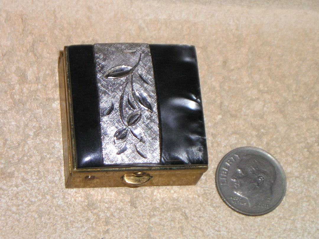 Vintage Hand Engraved Metal Pill Box. Black Pearled Celluloid Accents ...