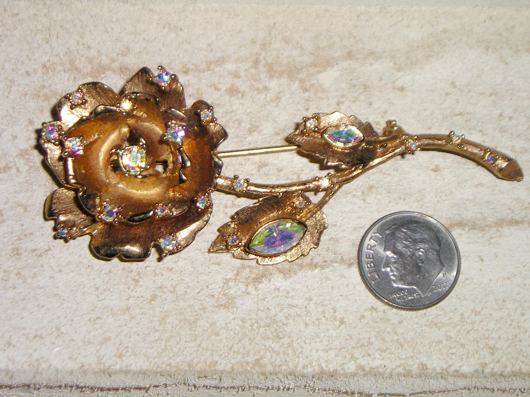 Vintage Signed RJ Graziano Iridescent Crystal Rhinestone Rose Flower ...